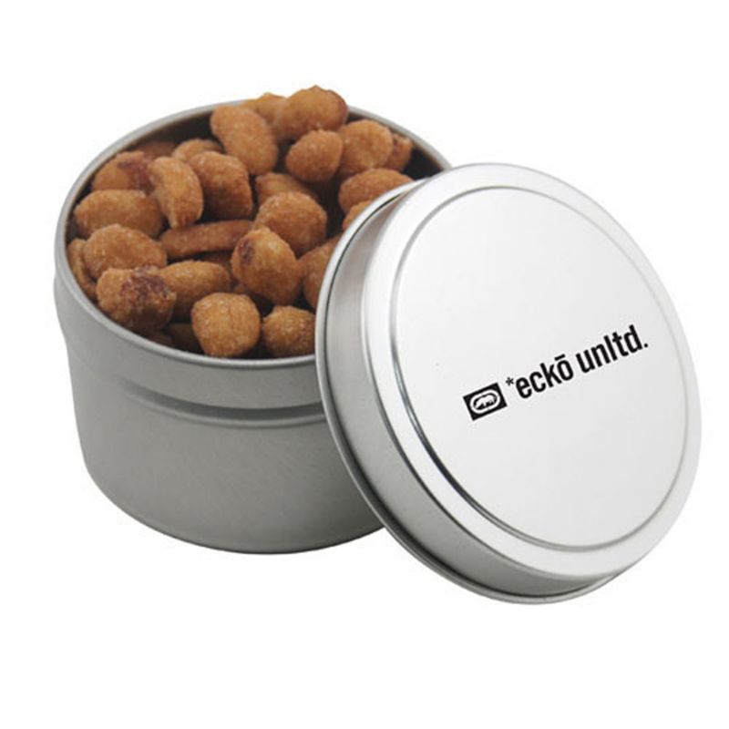 NC Custom: Round Tin with Honey Roasted Peanuts. Supplied By: Chocolate Inn